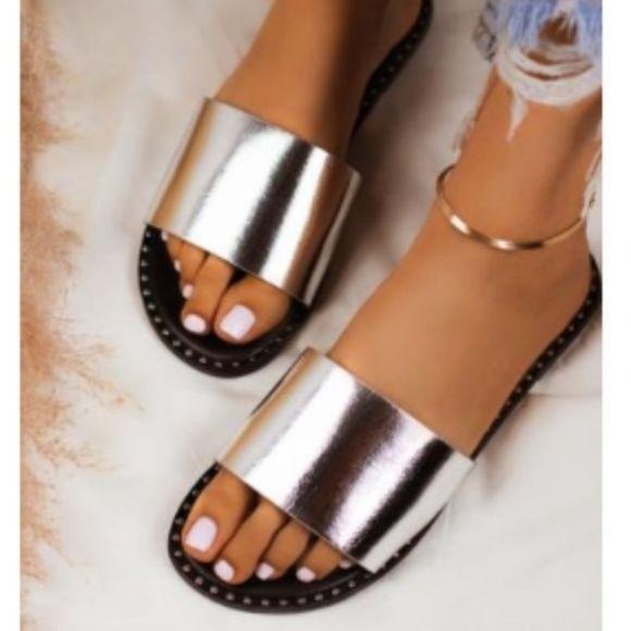 Shoes | New Metallic Silver Slide Sandals With Studded Detail | Poshmark